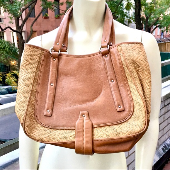 Cole Haan | Bags | Cole Haan Straw Leather Crystal Stone Tote Bag ...